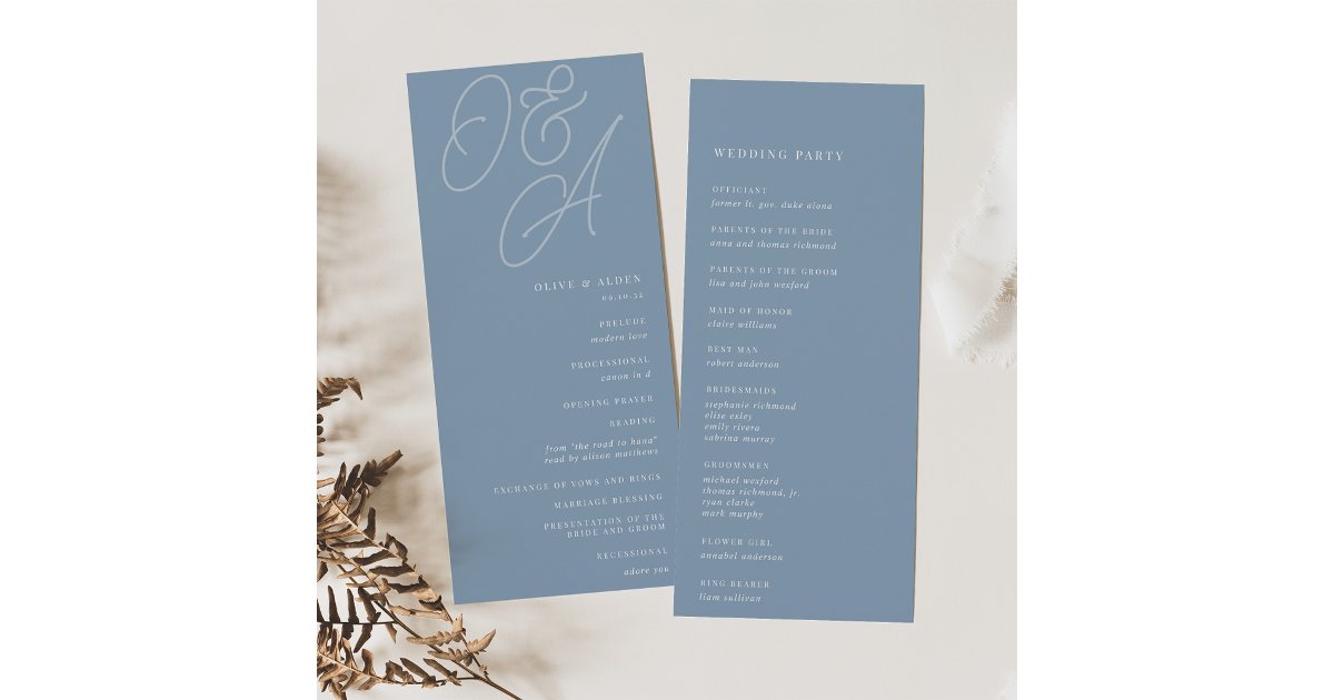 Dusty Blue | Script Watermark Monogram Wedding Program | Zazzle