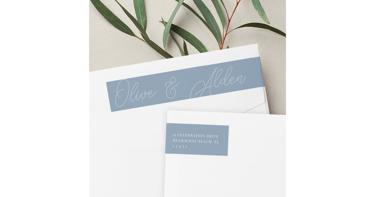 Dusty Blue Script Watermark Wedding Return Address Wrap Around Label ...