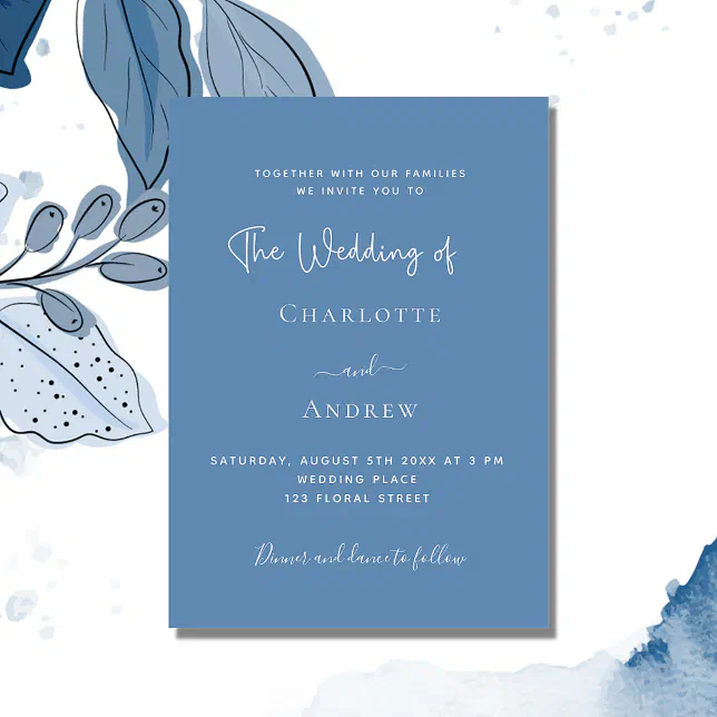 Dusty blue script wedding invitation postcard | Zazzle