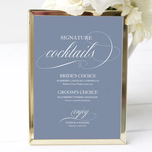 Dusty Blue Signature Cocktails Wedding Sign | Zazzle