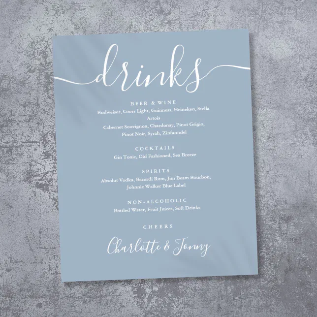 Dusty Blue Signature Script Drinks Menu Sign | Zazzle
