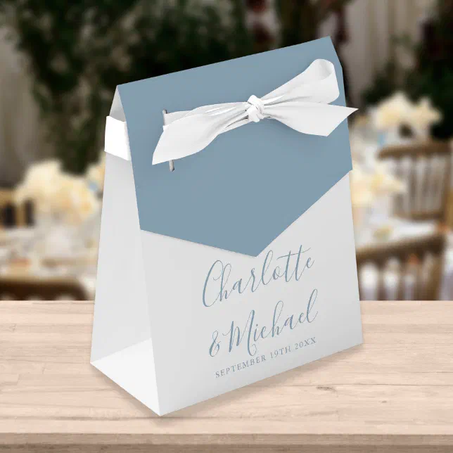 Dusty Blue Signature Script Elegant Wedding Favor Boxes | Zazzle