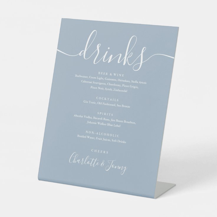 Dusty Blue Signature Script Wedding Drinks Menu Pedestal Sign | Zazzle