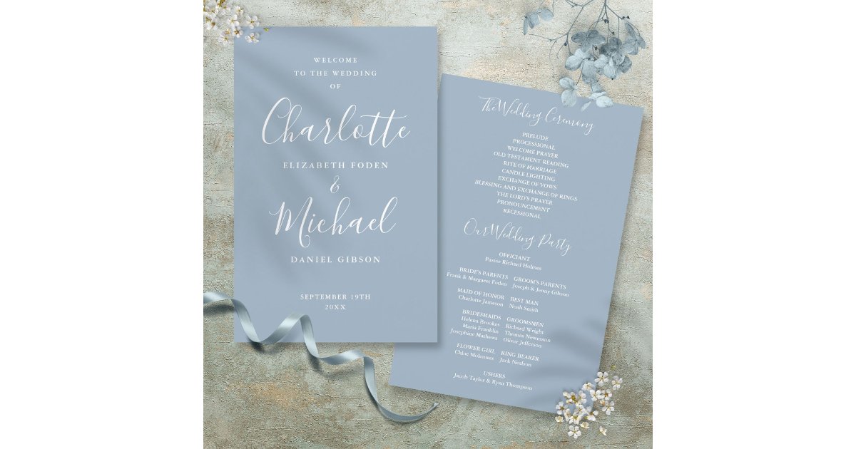 Dusty Blue Signature Script Wedding Program | Zazzle