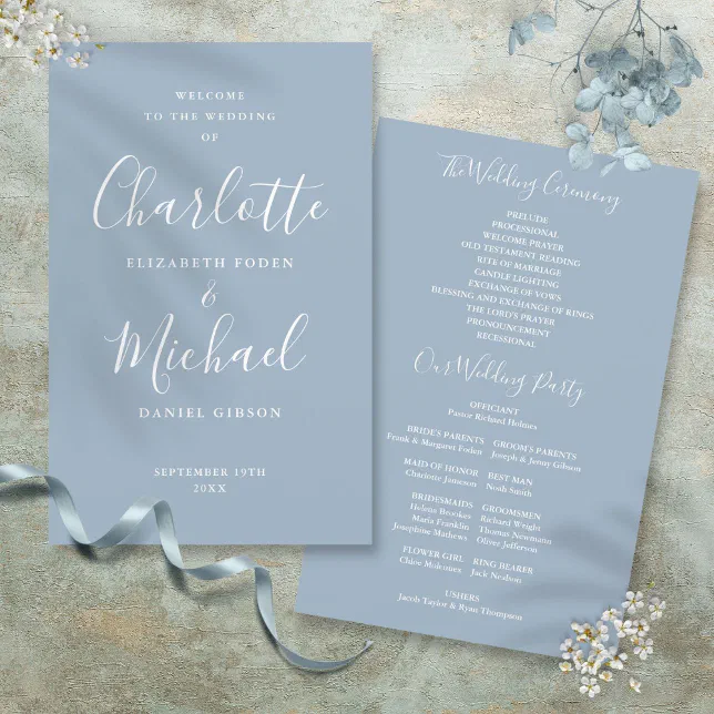 Dusty Blue Signature Script Wedding Program | Zazzle