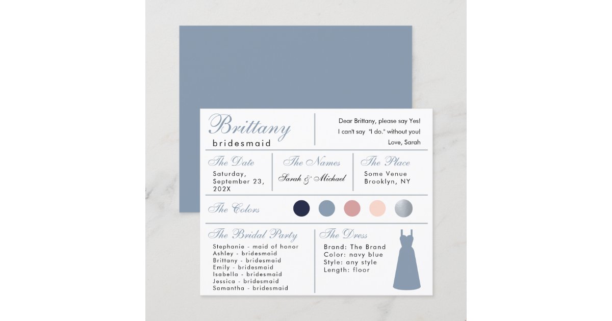 Dusty Blue Silver Bridesmaid Information Card | Zazzle