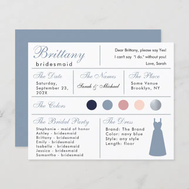 Dusty Blue Silver Bridesmaid Information Card | Zazzle