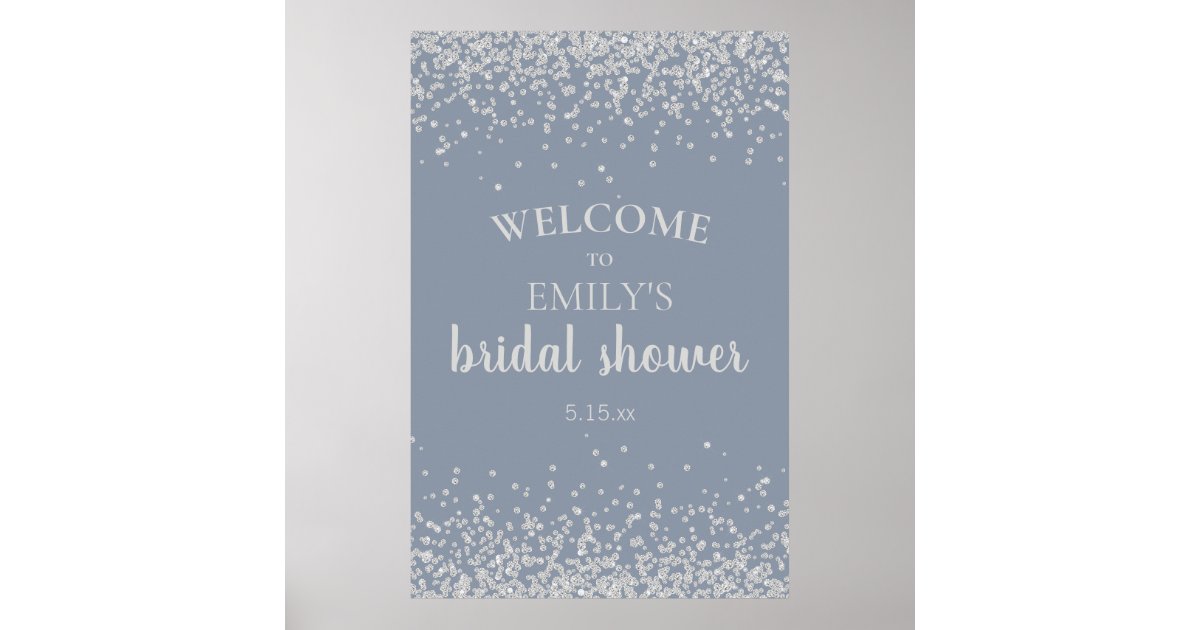 Dusty Blue Silver Confetti Bridal Shower Poster | Zazzle