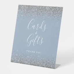Dusty Blue Silver Glitter Wedding Cards and Gifts Pedestal Sign | Zazzle