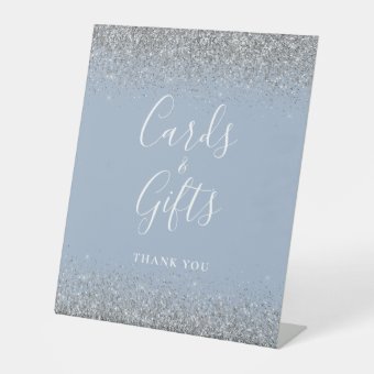 Dusty Blue Silver Glitter Wedding Cards and Gifts Pedestal Sign | Zazzle
