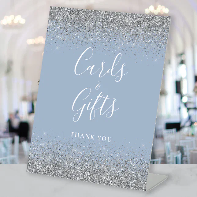 Dusty Blue Silver Glitter Wedding Cards and Gifts Pedestal Sign | Zazzle