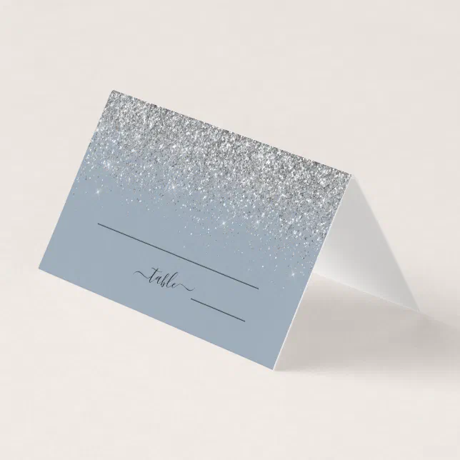 Dusty Blue & Silver Glitter Wedding Place Card | Zazzle