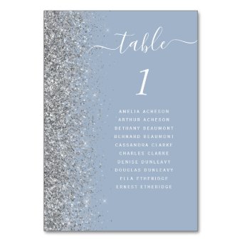 Dusty Blue Silver Glitter Wedding Table Number | Zazzle