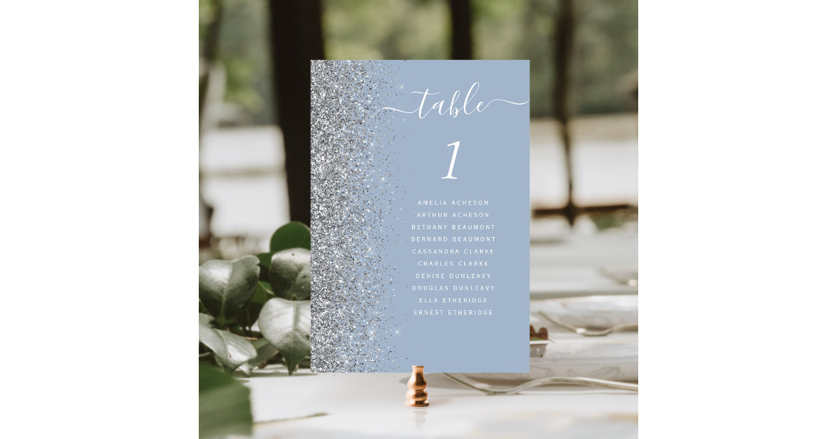 Dusty Blue Silver Glitter Wedding Table Number | Zazzle