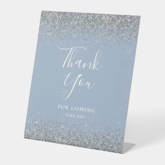 Dusty Blue Silver Glitter Wedding Thank You Pedestal Sign | Zazzle