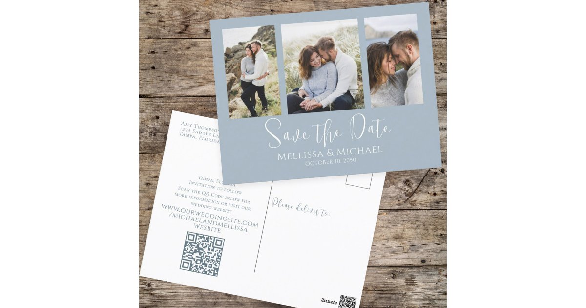 Dusty Blue Simple Minimalist Photo Collage QR Code Postcard | Zazzle