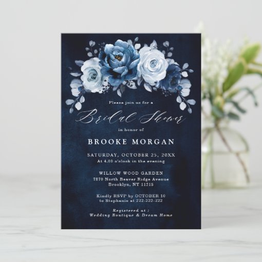Dusty Blue Slate Navy Botanical Bridal Shower Invi Invitation | Zazzle