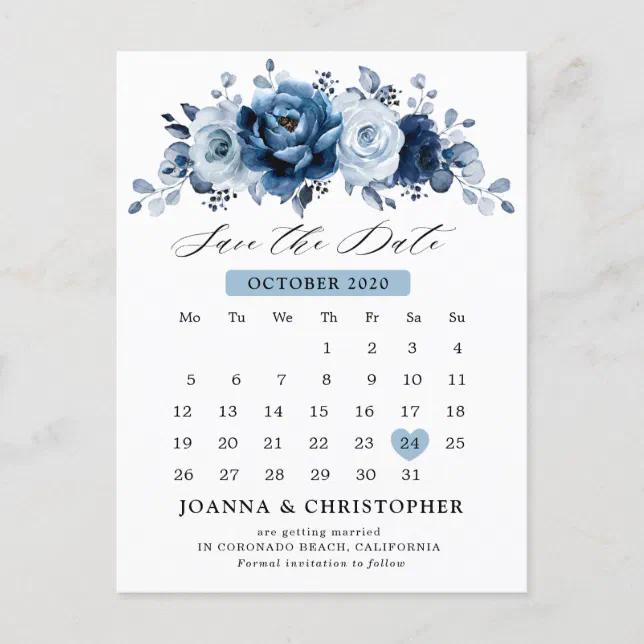 Dusty Blue Slate Navy Botanical Save the Date Postcard | Zazzle