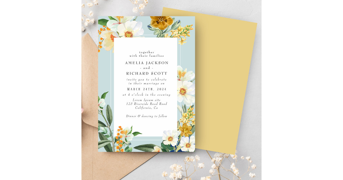 Dusty Blue Spring Garden Wildflowers wedding Invitation | Zazzle