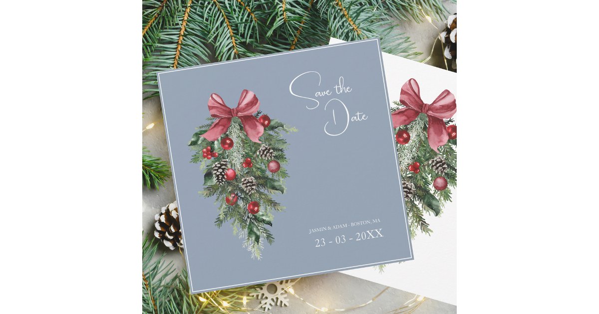 Dusty Blue Square Red Bow Wedding Save The Date | Zazzle