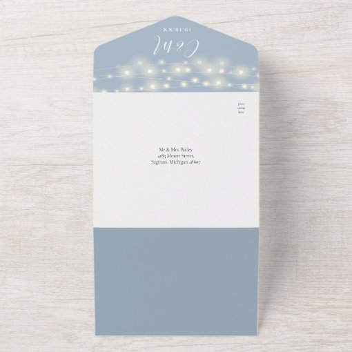 Dusty Blue String Lights QR Code Monogram Wedding All In One Invitation ...