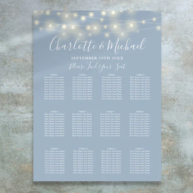 Dusty Blue String Lights Wedding Seating Chart | Zazzle