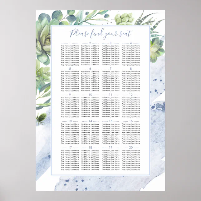 Dusty Blue Succulents Greenery Seating Chart | Zazzle