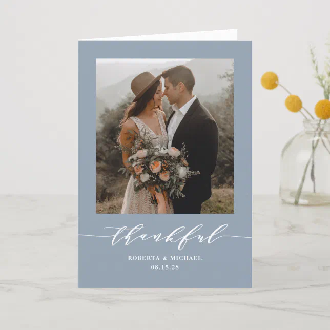 Dusty Blue Thankful Script Wedding Folded Thank You Card | Zazzle