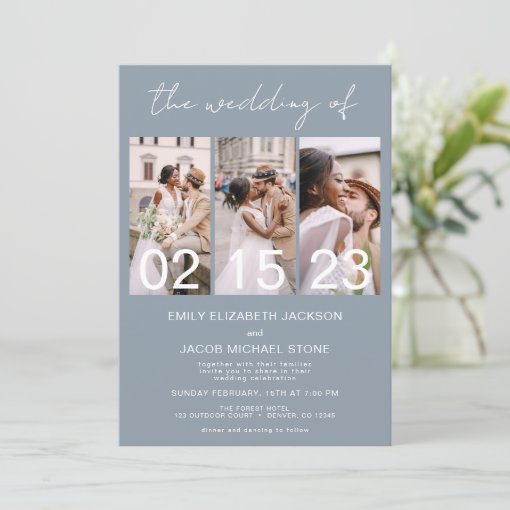 Dusty Blue The Wedding of Minimalist Photo Collage Invitation | Zazzle