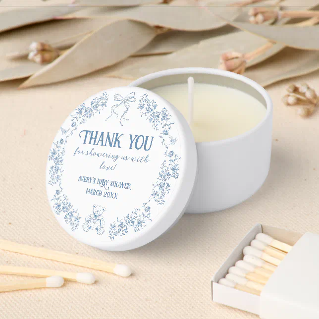 Dusty Blue Toile Elegant Classic Boy Baby Shower Mini Candle Favors ...