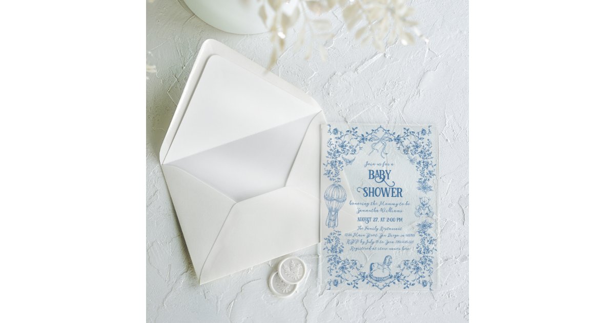 Dusty Blue Toile Floral Bow Baby Boy Shower Acrylic Invitations | Zazzle
