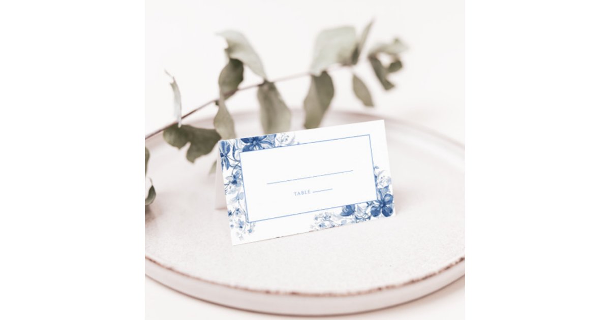 Dusty Blue Toile Floral Folded Wedding Place Card | Zazzle