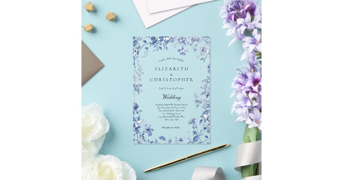 Dusty Blue Toile Floral Watercolor Elegant Wedding Acrylic Invitations ...
