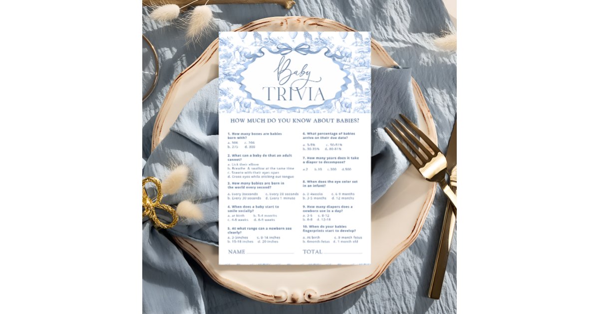 Dusty Blue Toile Safari Animals Baby Trivia Game | Zazzle
