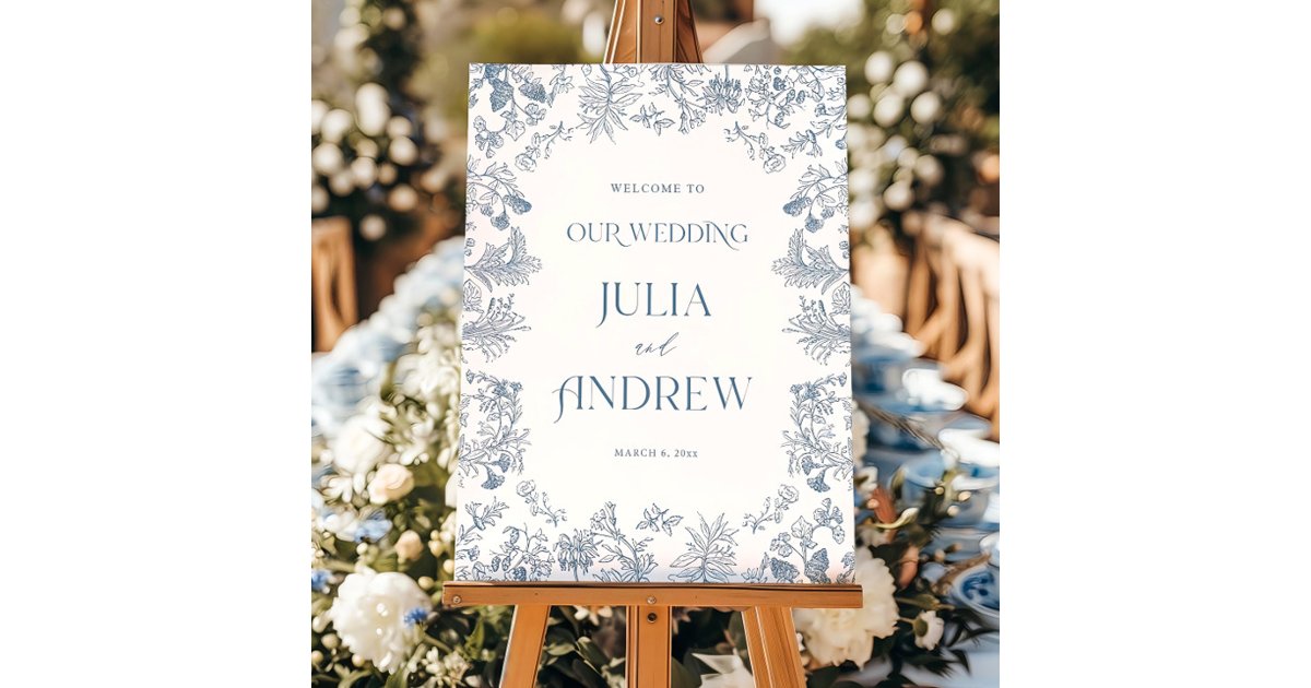 Dusty blue Toile Wedding welcome Sign Floral Vinta | Zazzle