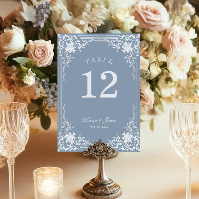 Dusty Blue Vintage Antique Ornate Elegant Wedding Table Number | Zazzle