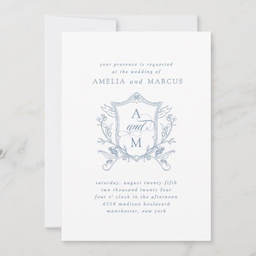 Dusty Blue Vintage Crest Wedding Invitation | Zazzle