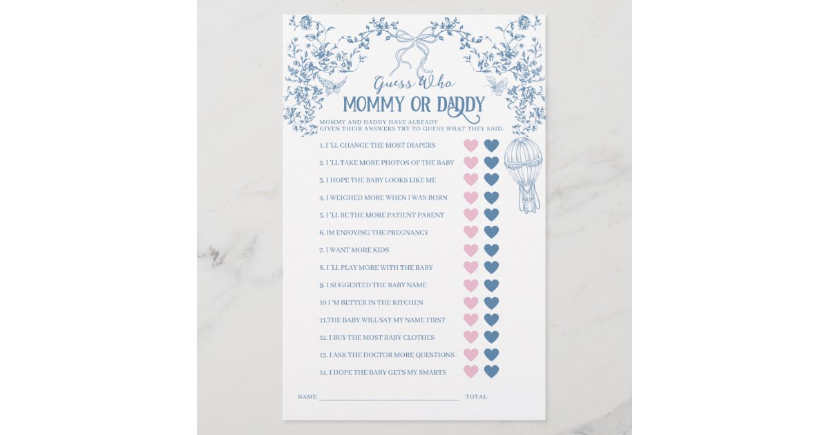 Dusty Blue Vintage Floral Baby Mom or Dad Game | Zazzle