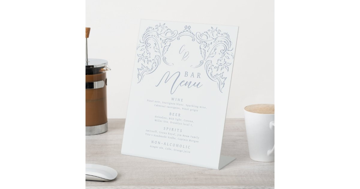 Dusty Blue Vintage Flourish Monogram Bar Menu Pedestal Sign | Zazzle