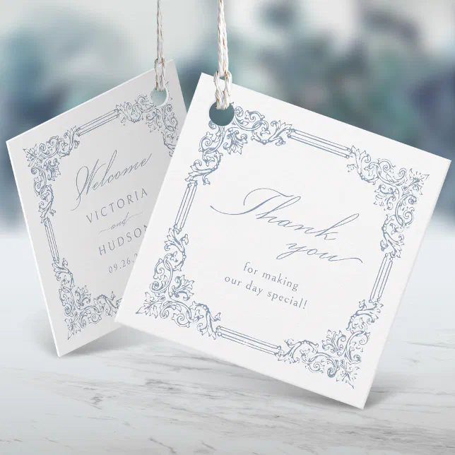 Dusty Blue Vintage Frame Elegant Script Wedding Favor Tags | Zazzle
