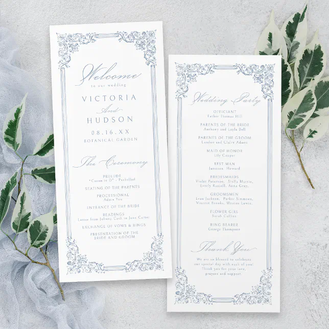 Dusty Blue Vintage Frame Elegant Script Wedding Program | Zazzle