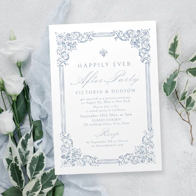 Dusty Blue Vintage Frame Happily Ever After Party Invitation | Zazzle