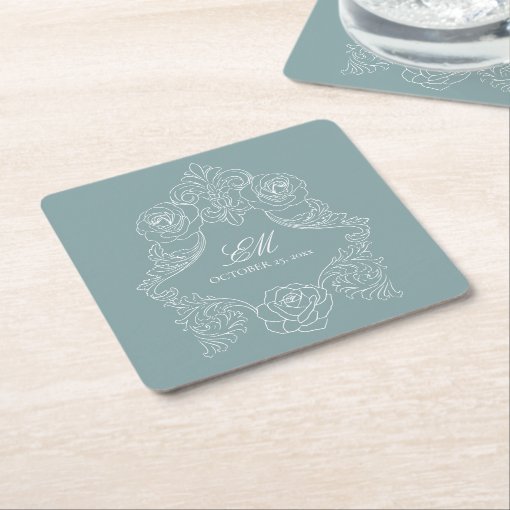Dusty Blue Vintage Monogram Crest Wedding Logo Square Paper Coaster ...