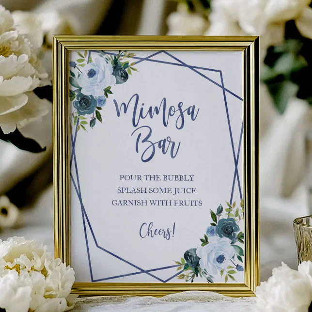 Dusty Blue Watercolor Floral Mimosa Bar Sign | Zazzle