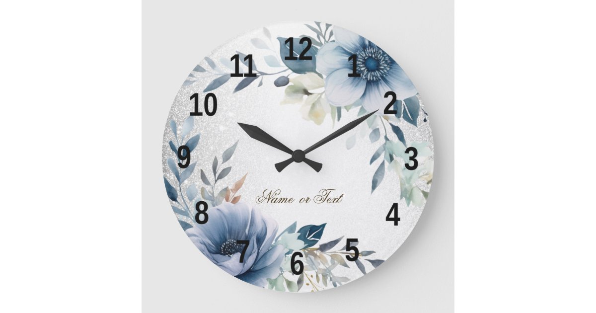 Dusty Blue Watercolor Flowers Silver Elegant Large Clock | Zazzle