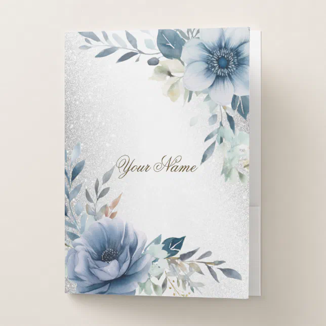 Dusty Blue Watercolor Flowers Silver Elegant Pocket Folder | Zazzle