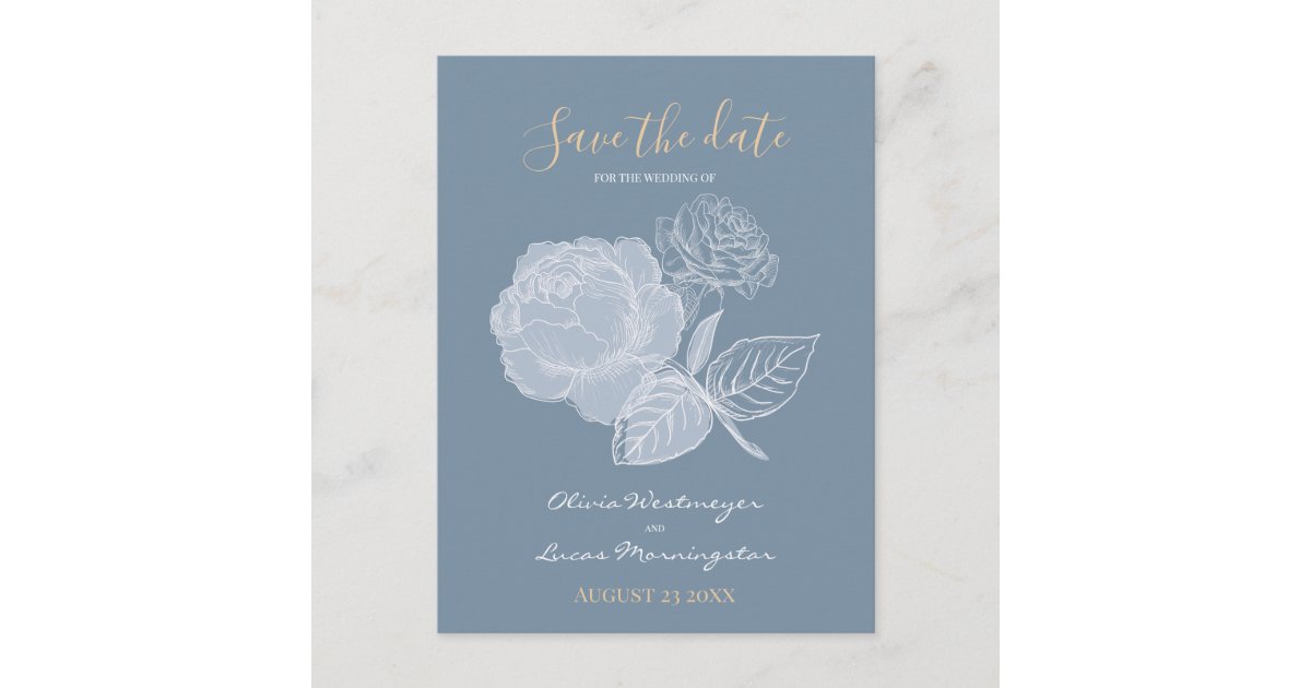 Dusty Blue Watercolor Gilded Rose Save the Date Postcard | Zazzle