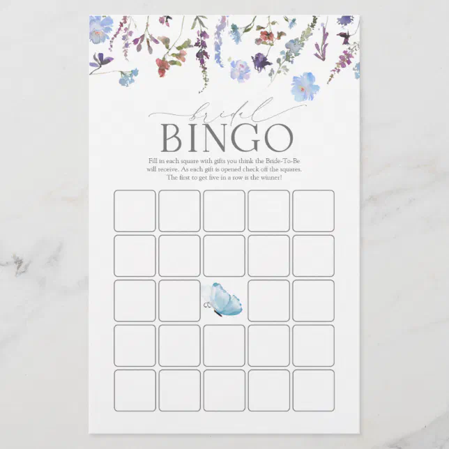 Dusty Blue Watercolor Wildflower Bridal Bingo Game | Zazzle