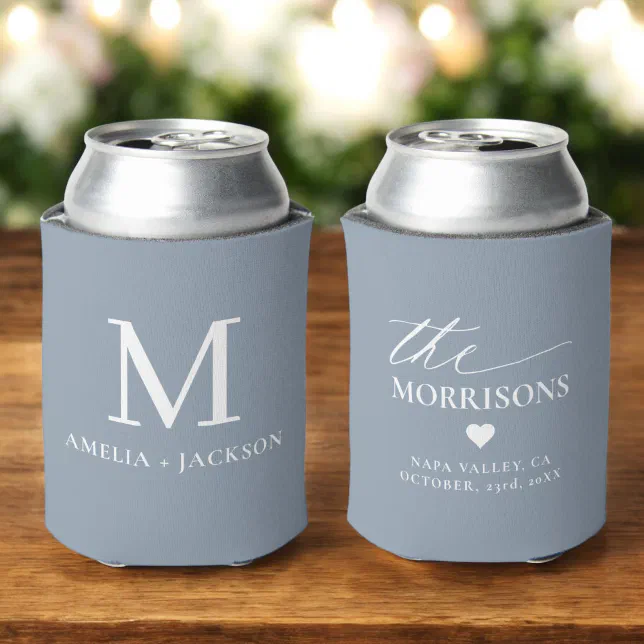 Dusty Blue Wedding Favor Monogram Name Heart Can Cooler | Zazzle