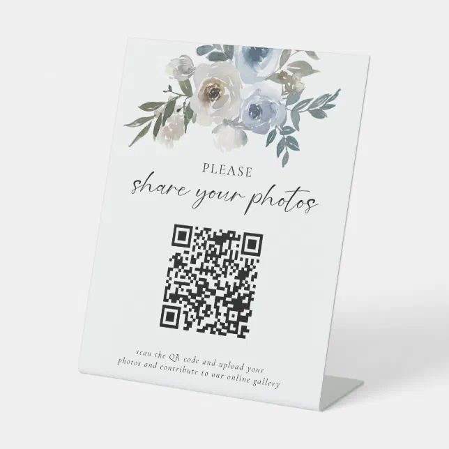 Dusty Blue Wedding Photos QR Code Welcome Script Pedestal Sign | Zazzle
